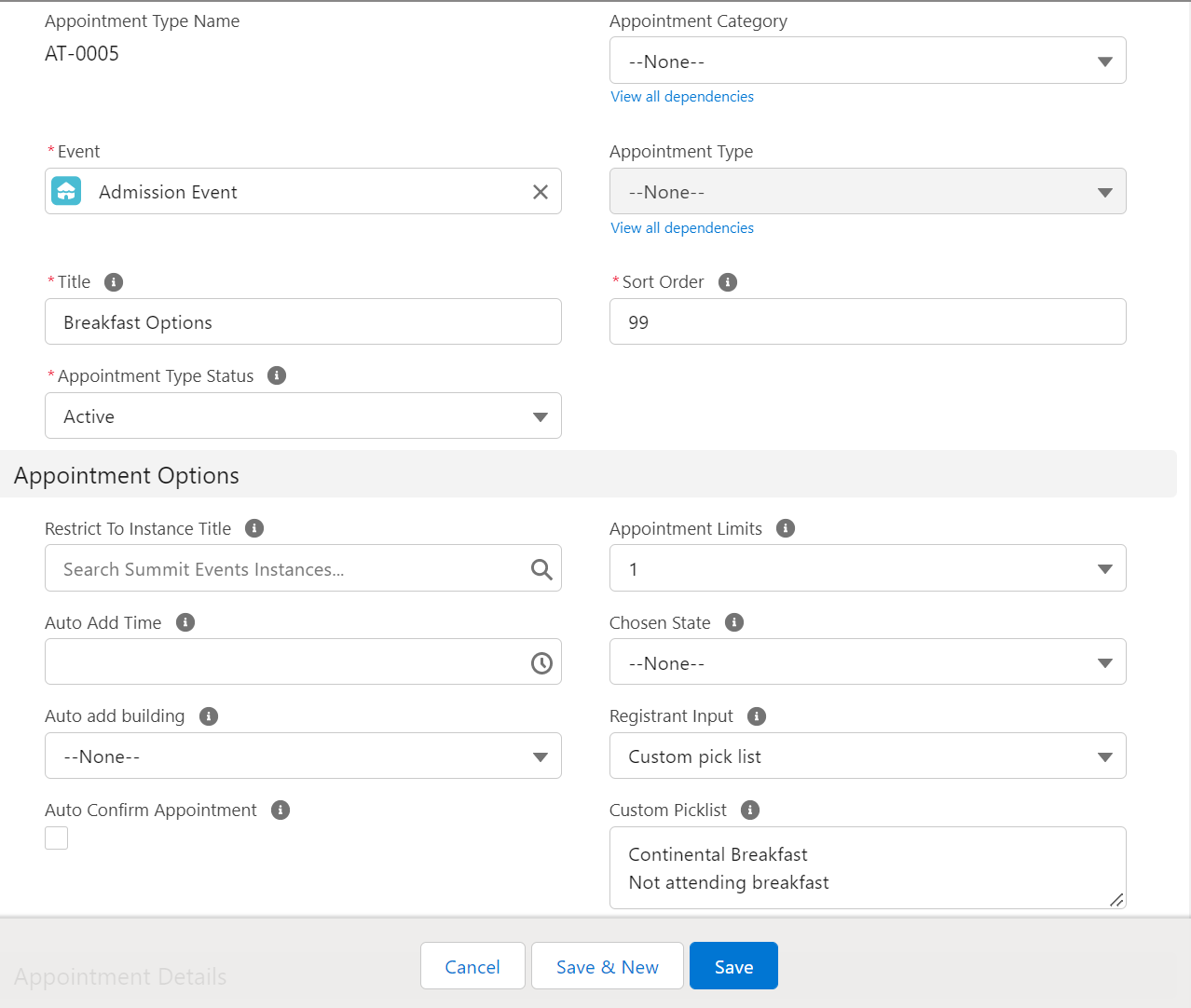 Appointments/Options | Summit Events App Documentation